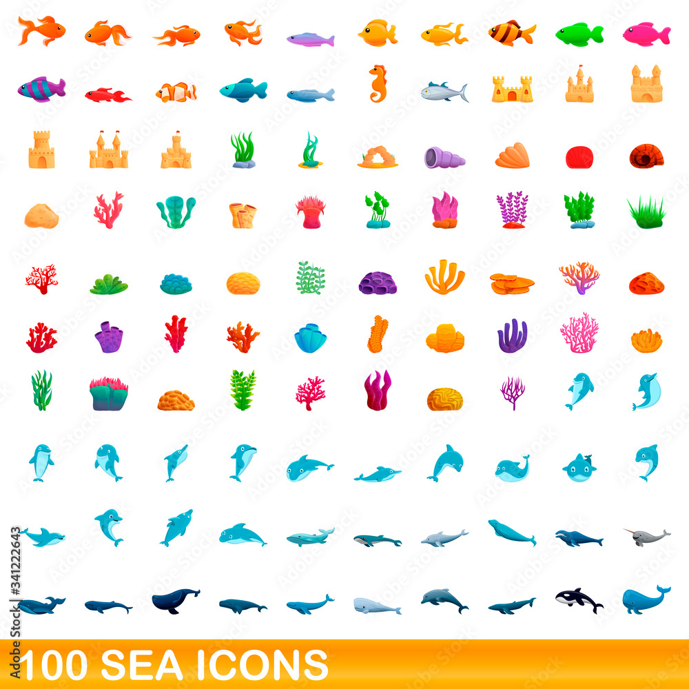 100 sea icons set. Cartoon illustration of 100 sea icons vector set ...