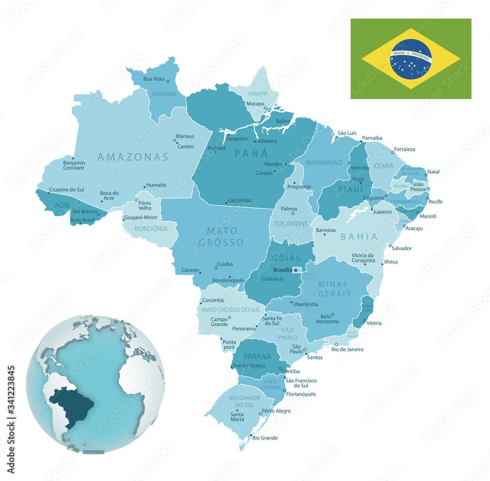 Brasilia administrative blue-green map with country flag and location ...