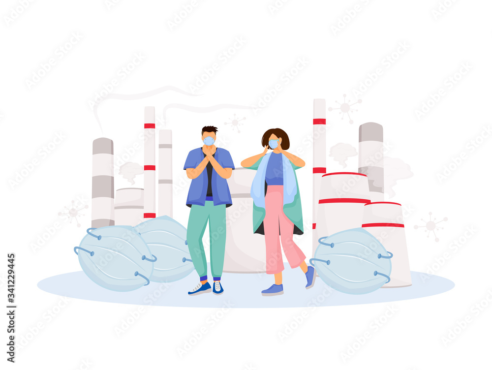 Man and woman in face masks flat concept vector illustration. Chemical ...