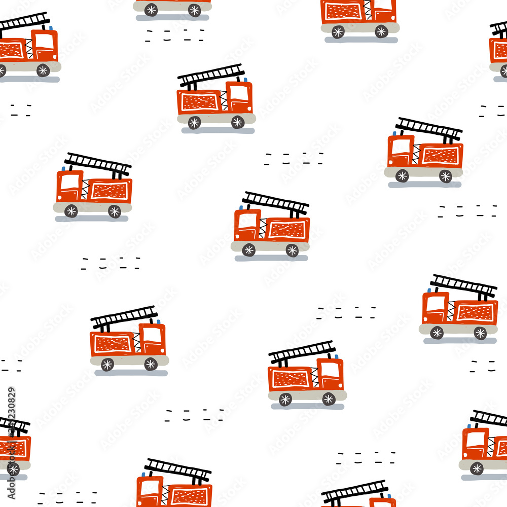 seamless pattern with cartoon fire engines, decor elements. Colorful ...