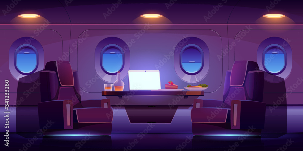 Private jet plane interior, luxury airplane cabin inside view with cozy ...