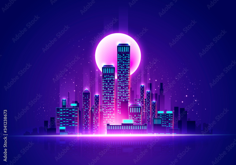 Vector Illustration Futuristic Neon Glow Skyline. Cyber Cityscape In ...