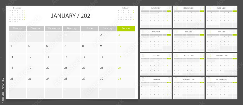 Calendar 2021 week start Monday corporate design planner template ...