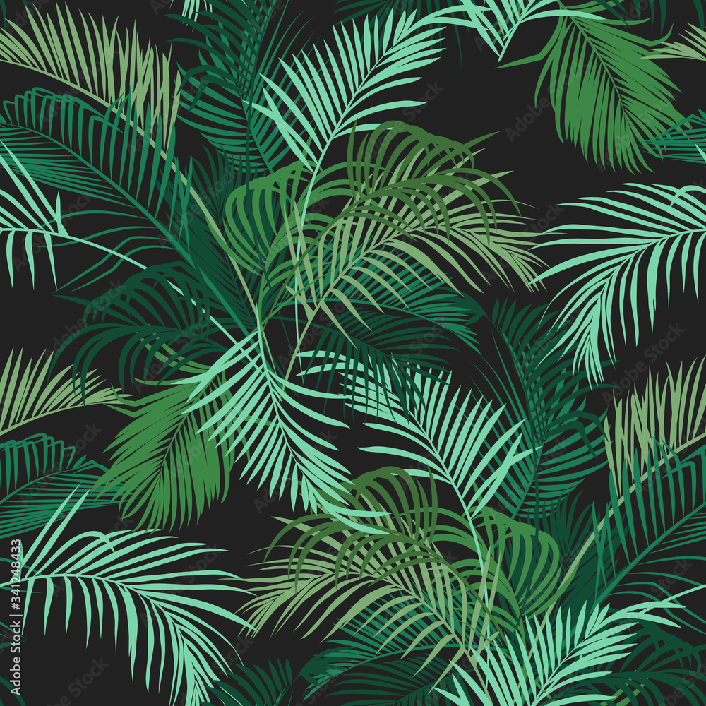 .Seamless pattern with colorful palm leaves on a black background ...