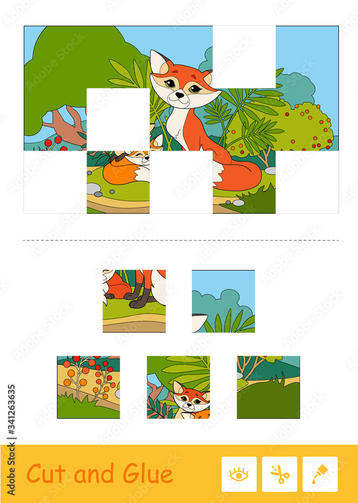 Colorful cut and glue puzzle game vector illustration with mother fox ...