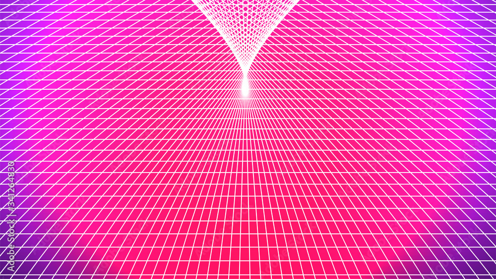 Synthwave background. White perspective grid. Pink backdrop. Geometric line structure. 80s sci ...