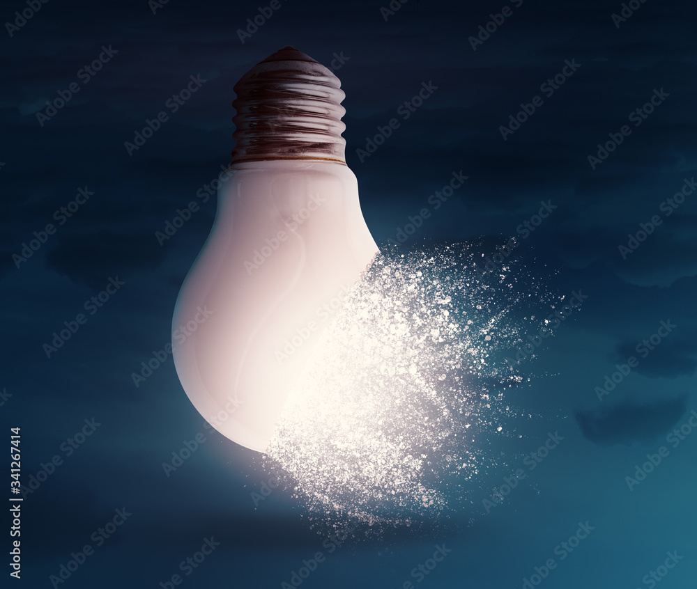 Exploding White Bulb with Sky on Background. Energy Symbol with Broken ...