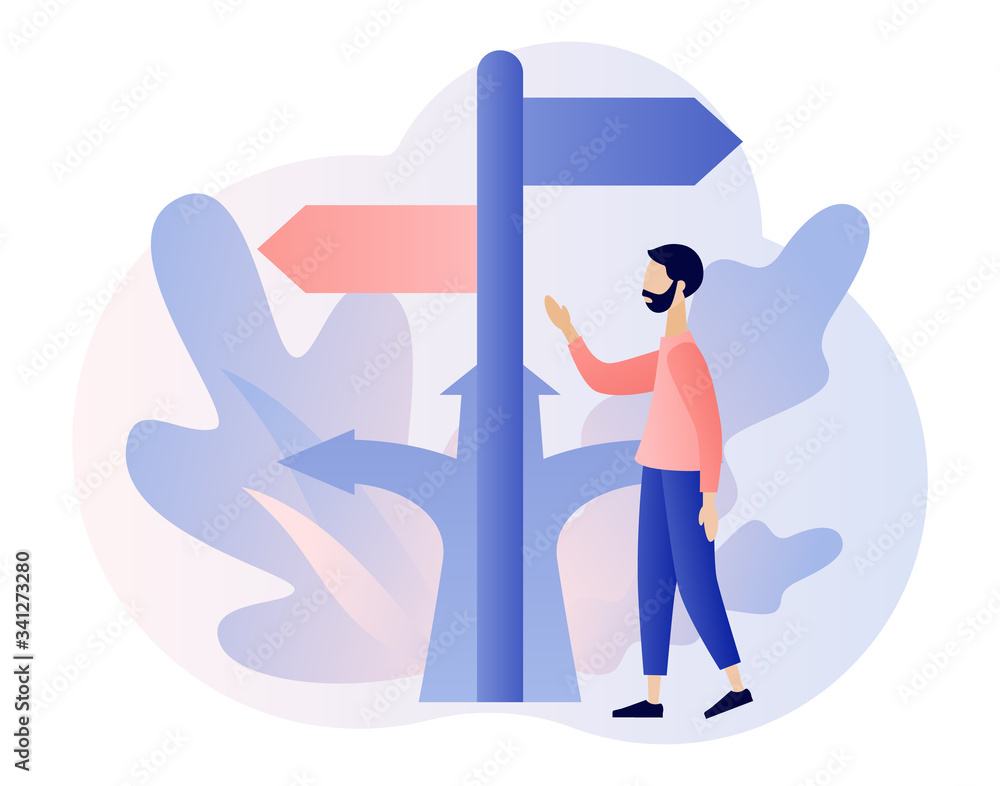 Make your choice. Tiny man choosing of directions. Metaphor ...