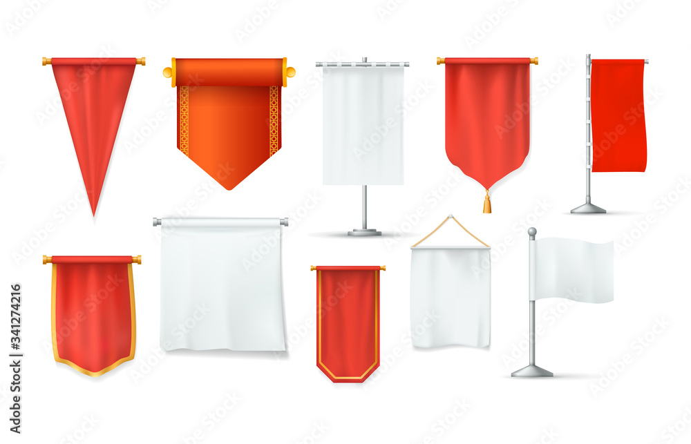 Realistic red and white textile banners set. Cotton fabric banners ...