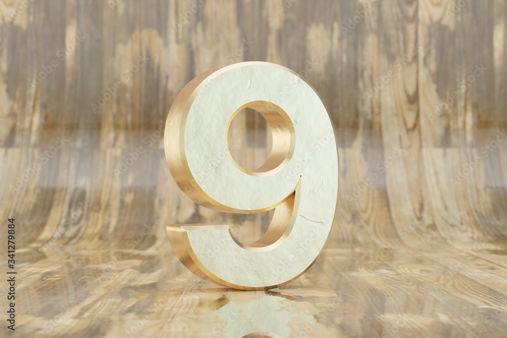 Gold 3d number 9. Golden number on glossy wet wooden background. 3d ...