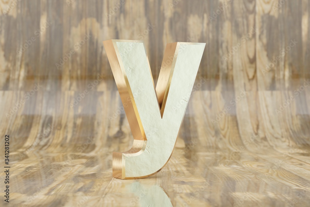 Gold 3d letter Y lowercase. Golden letter on glossy wet wooden ...
