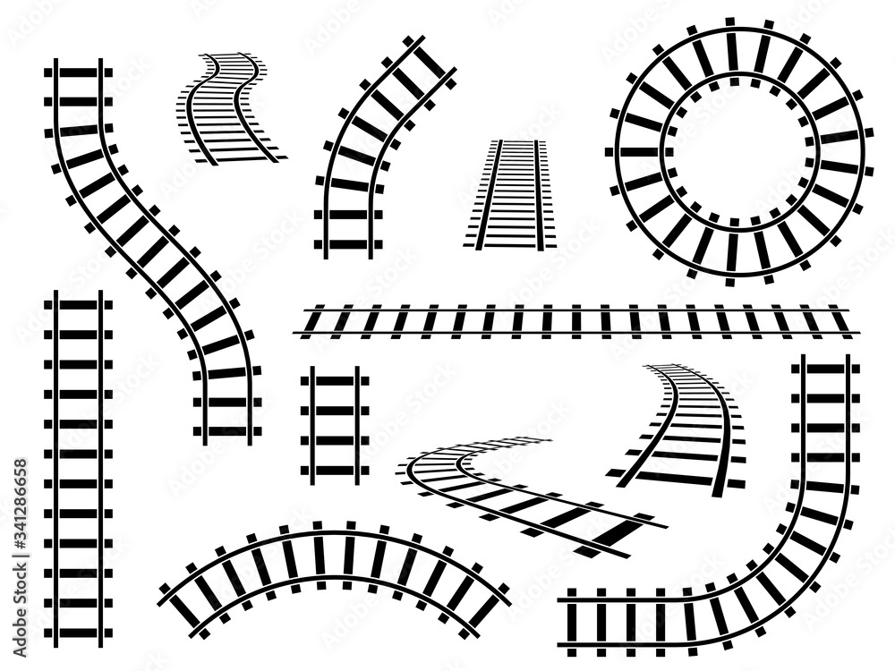 Railroad tracks. Straight, wavy and curved rails railway top view, ladder elements. Steel bars ...
