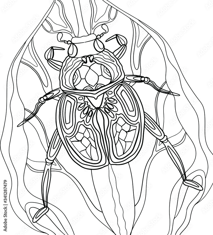 Cute decorative bug on leaf. Hand drawn vector. Coloring book for ...