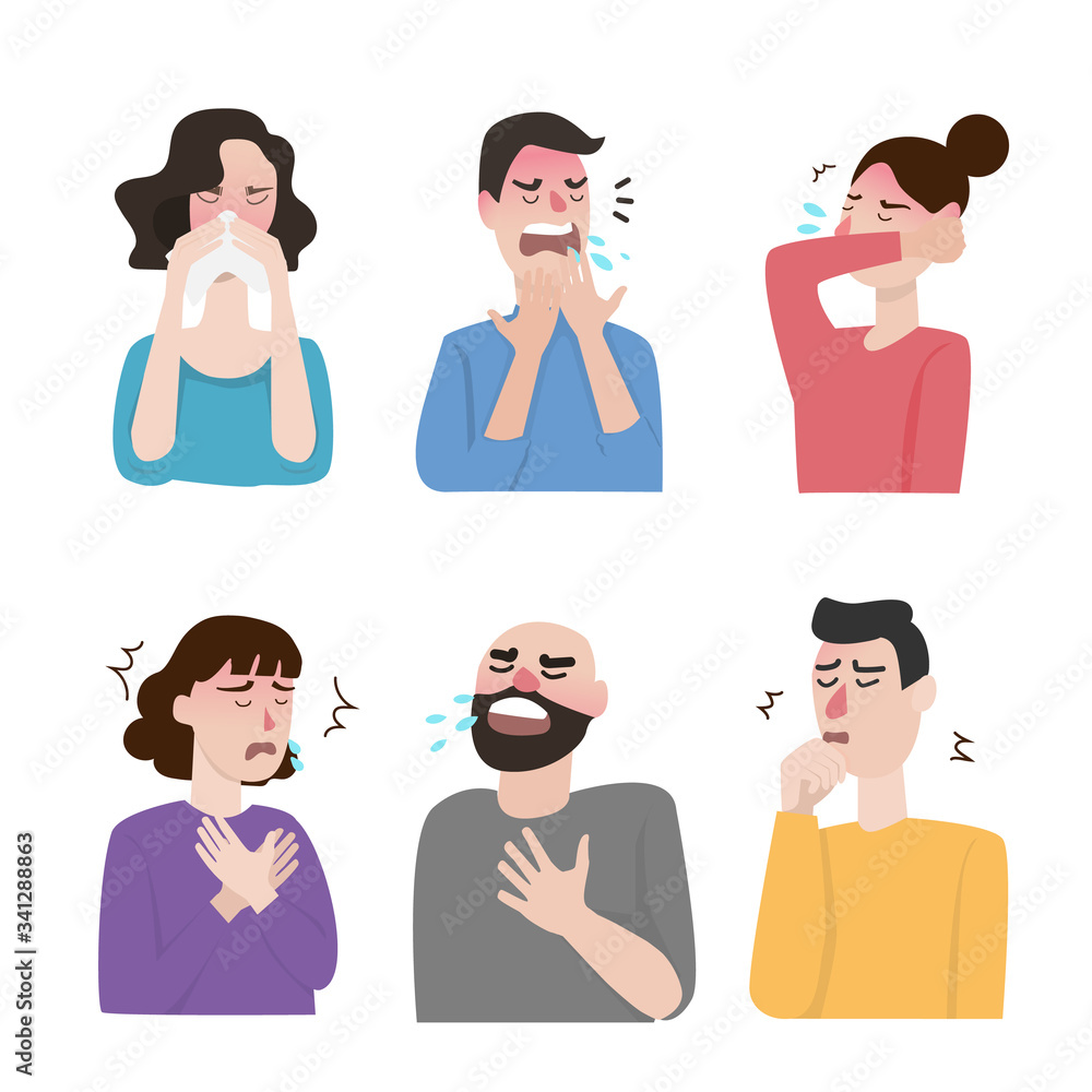 set of icon about cough and different diseases symptoms - fever, cough ...