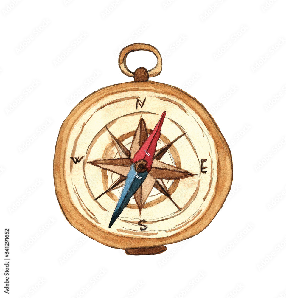 Hand drawn watercolor compass isolated on a transparent background ...