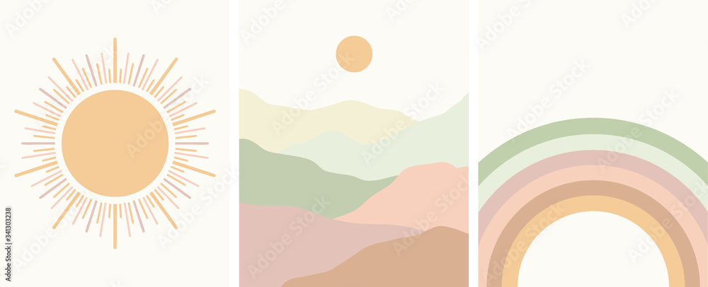 neutral colors abstract art set, rainbow, sun, minimal landscape ...