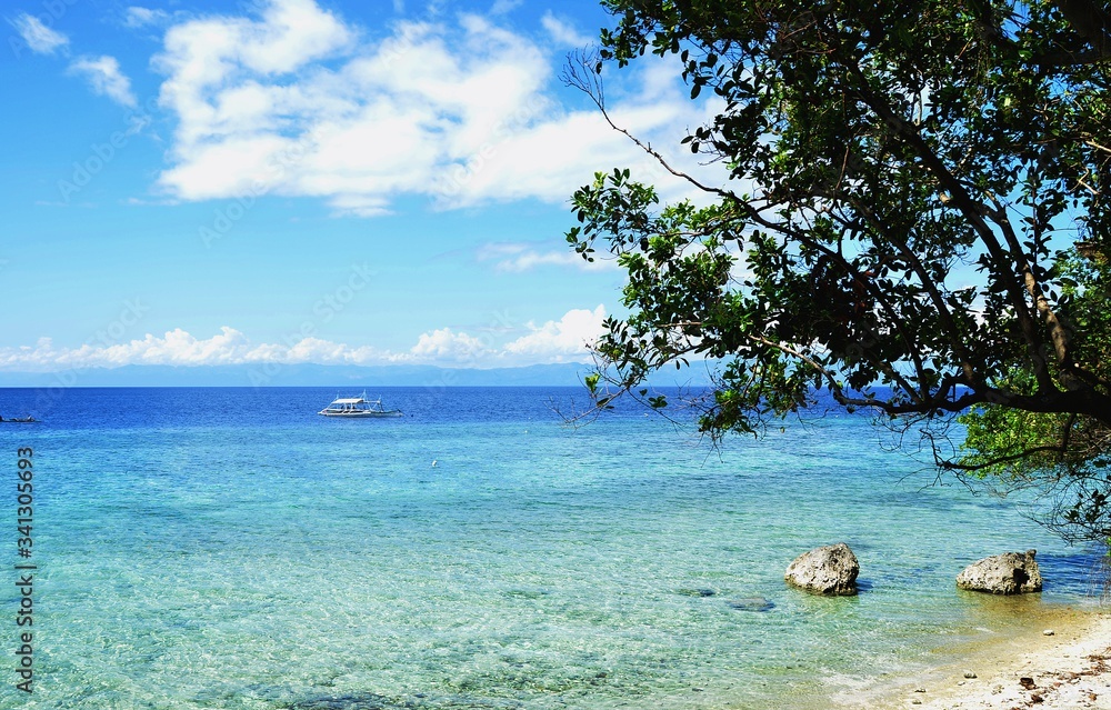 Idyllic tropical beach with crystal clear blue water in Moalboal Cebu ...