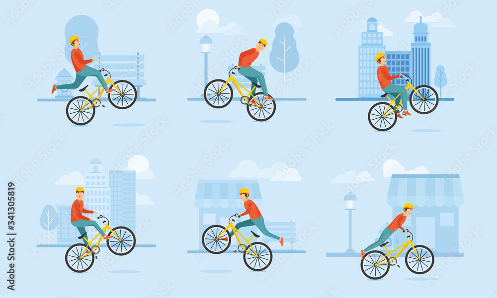 Set of a young boy in helmet rides a BMX bicycle and performs various ...