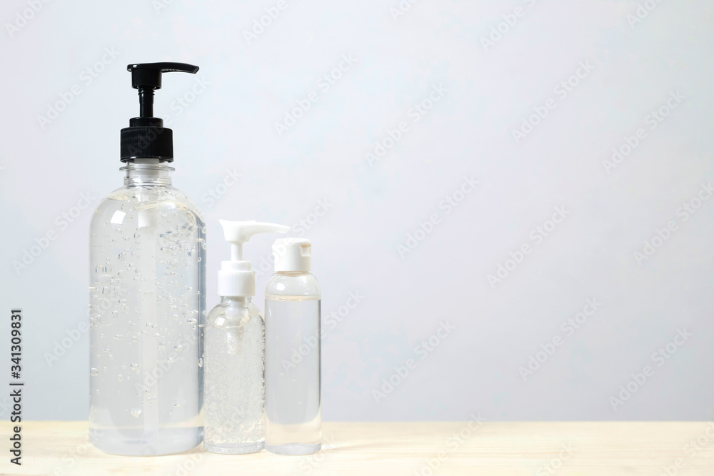 Bottle of hand sanitizer alcohol gel with clear liquid plastic pump ...