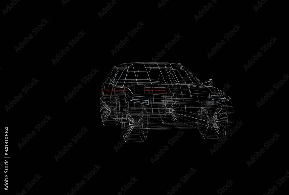 4x4 SUV wireframe car rotates in a circle against a black background ...