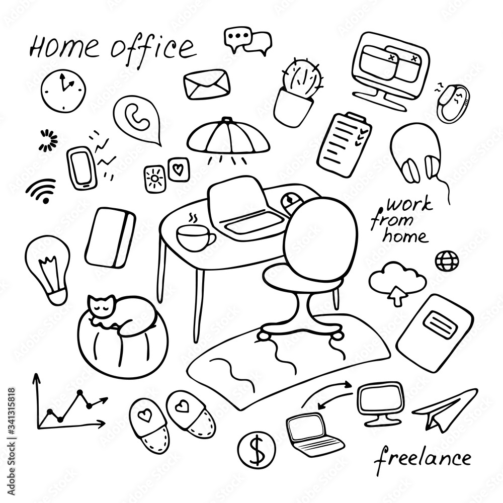 Work from home. Set of hand drawn doodle home, business, workspace ...