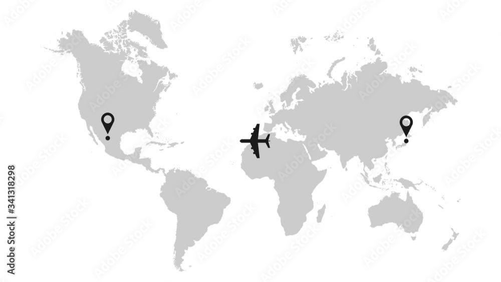Airplane flying on world map with location pin. 4K video animation with ...