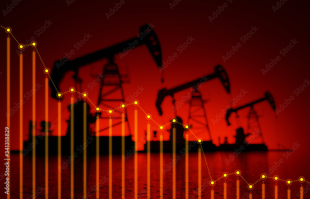 Oil prices collapse and goes to zero, conceptual red background image ...