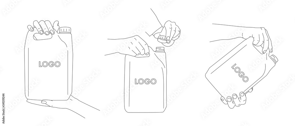 Set of illustrations of human hands holding oil tank or canister with ...