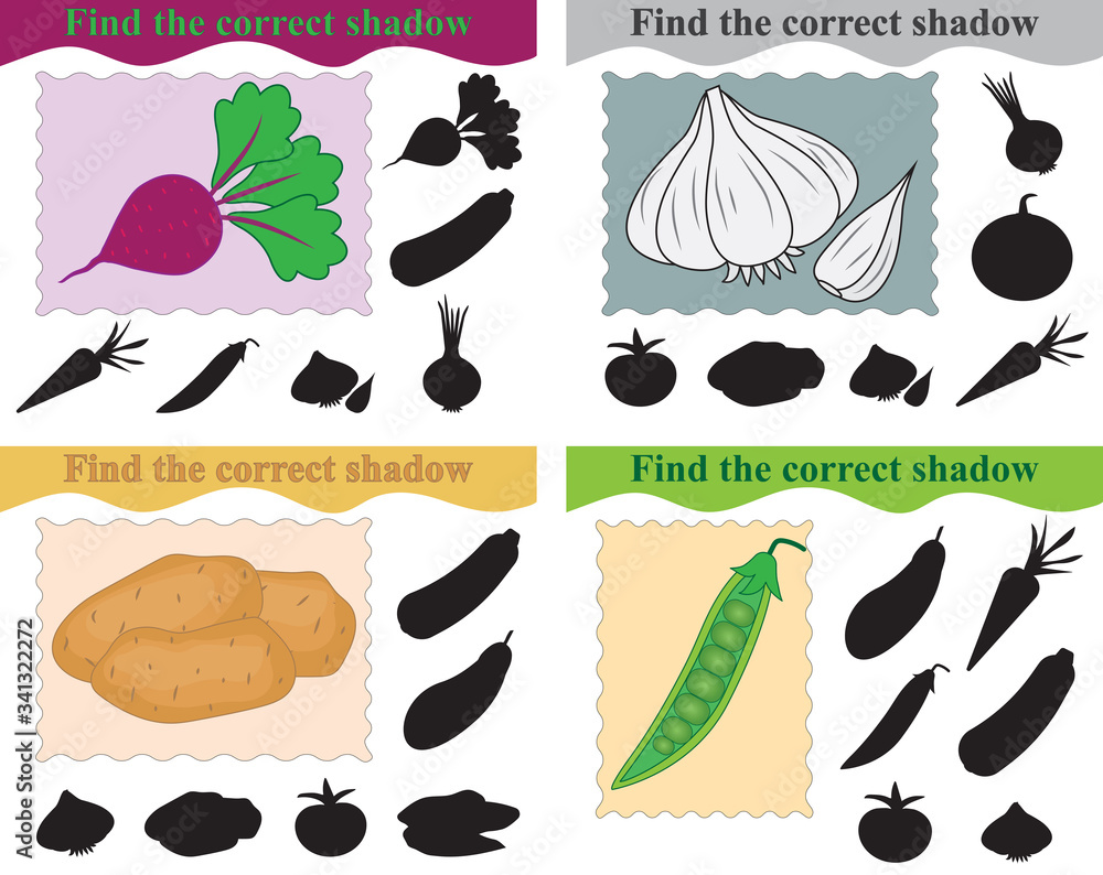 Find the correct shadow of vegetables, set of educational game for kids ...
