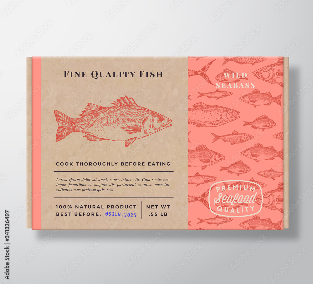 Fish Pattern Realistic Cardboard Container. Abstract Vector Seafood ...