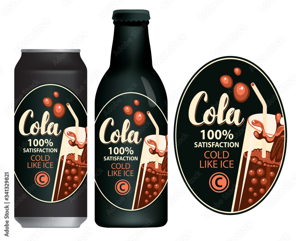 Vector label for cola in retro style, decorated by brown carbonated ...