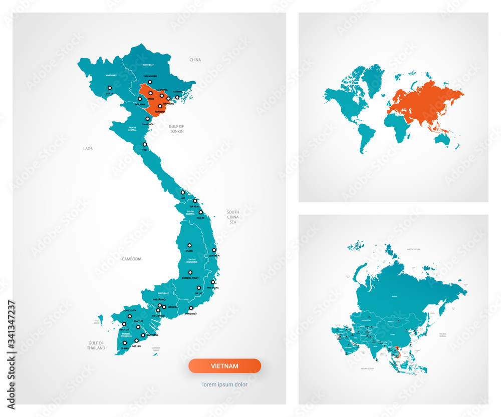 Editable template of map of Vietnam with marks. Vietnam on world map ...