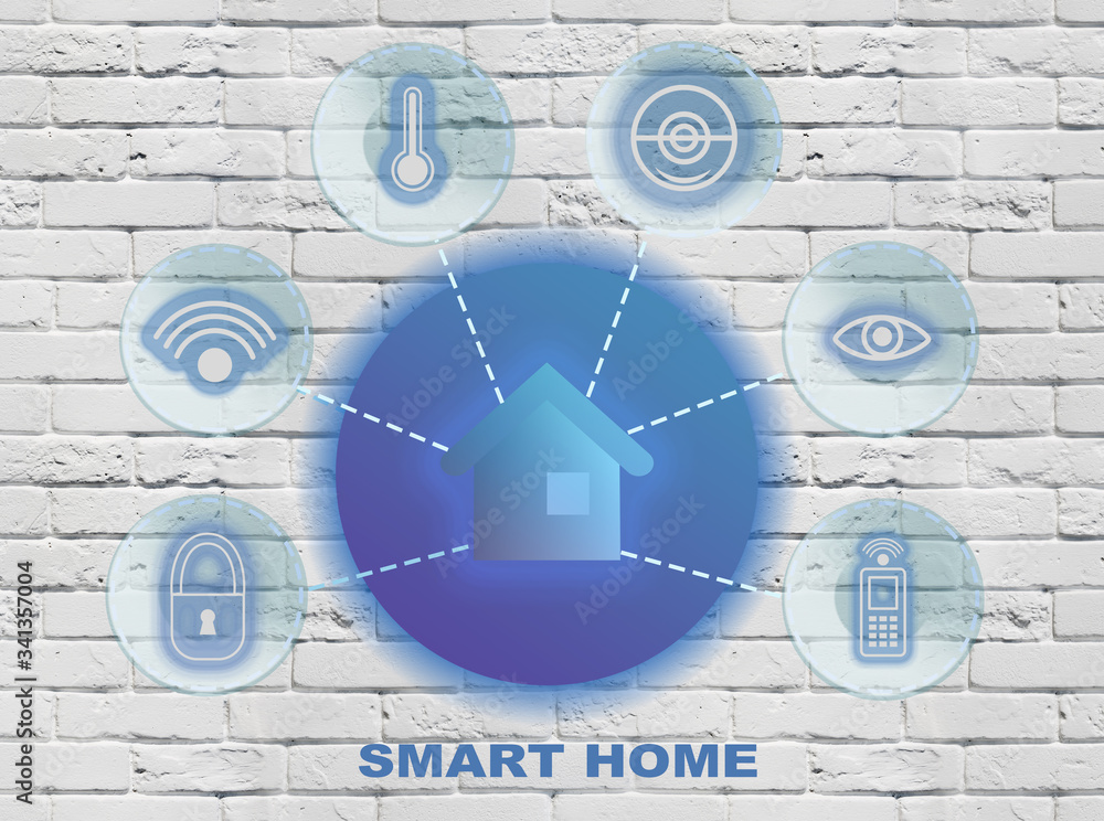 Collage of smart home control interface with pictograms on white brick ...