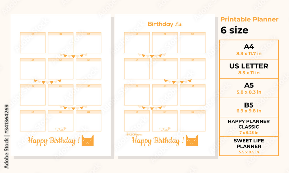 Minimalist Birthday planner pages templates vector paper A4, US Letter ...