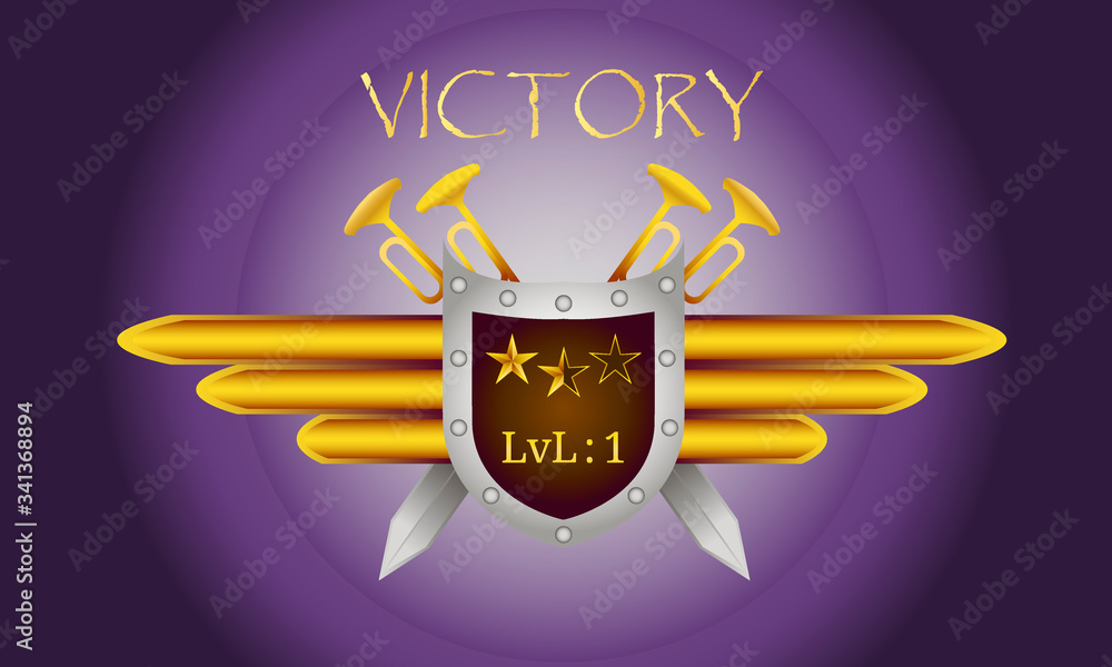 Vector game award. Shield with sword, musical tube and metal wings ...