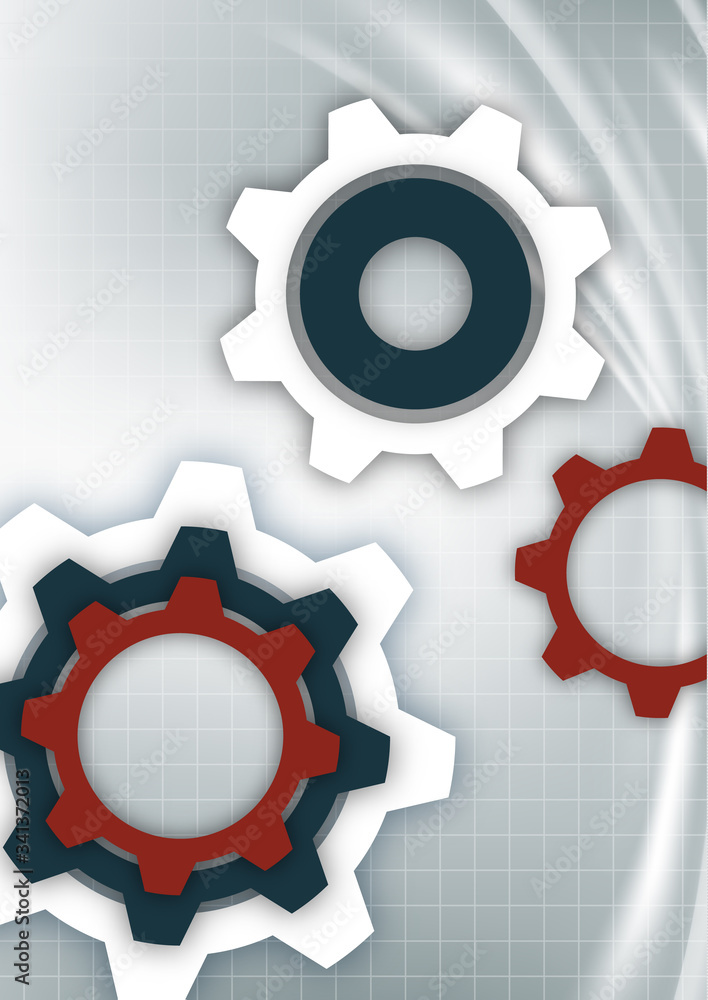 Bright abstract gears on a gray background with a technical grid, light ...