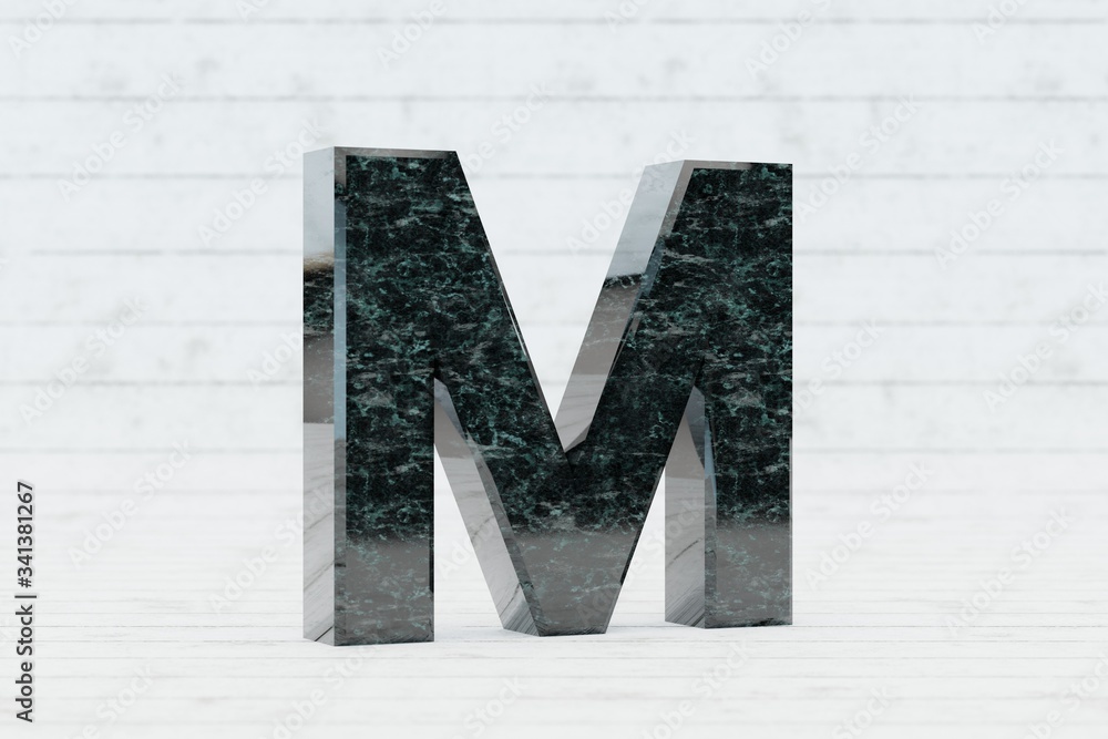 Marble 3d letter M uppercase. Dark green marble letter on white wood ...