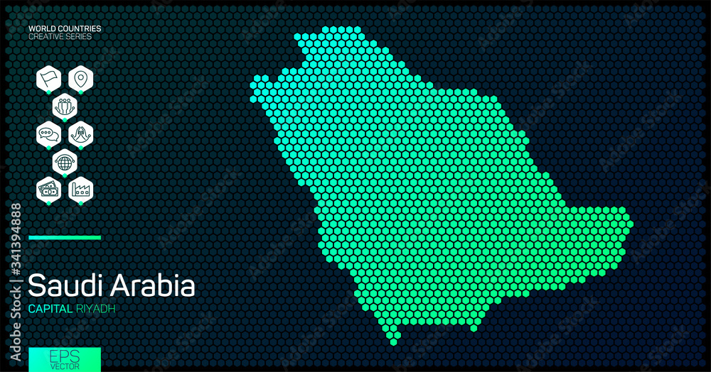 Abstract map of Saudi Arabia with hexagon cells with country data icons ...