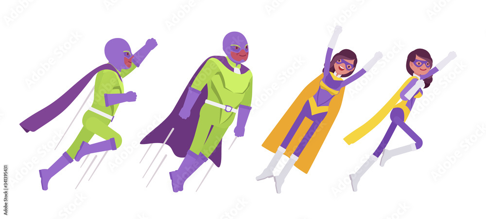 Male, female super hero in bright costume, flying attack poses ...