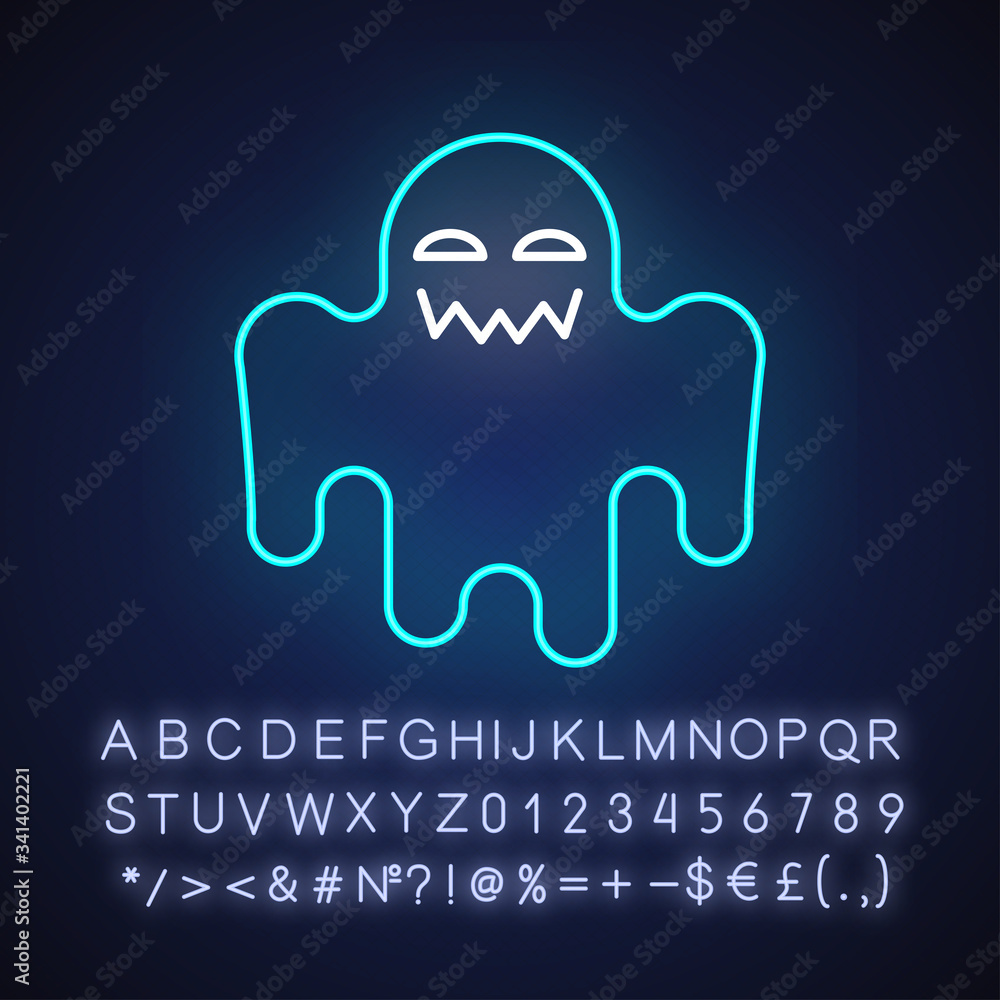 Horror movie neon light icon. Outer glowing effect. Sign with alphabet ...