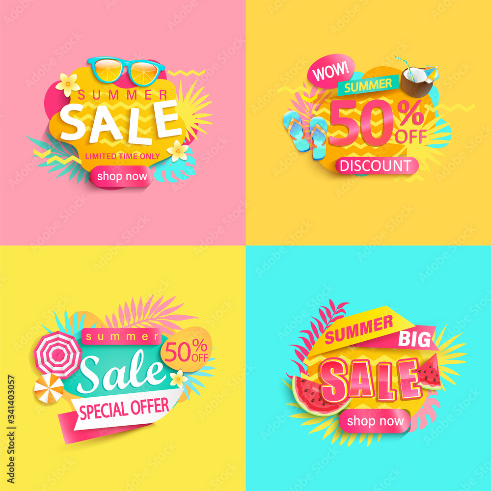 Bright summer sale banner, set of discount posters for hot season ...