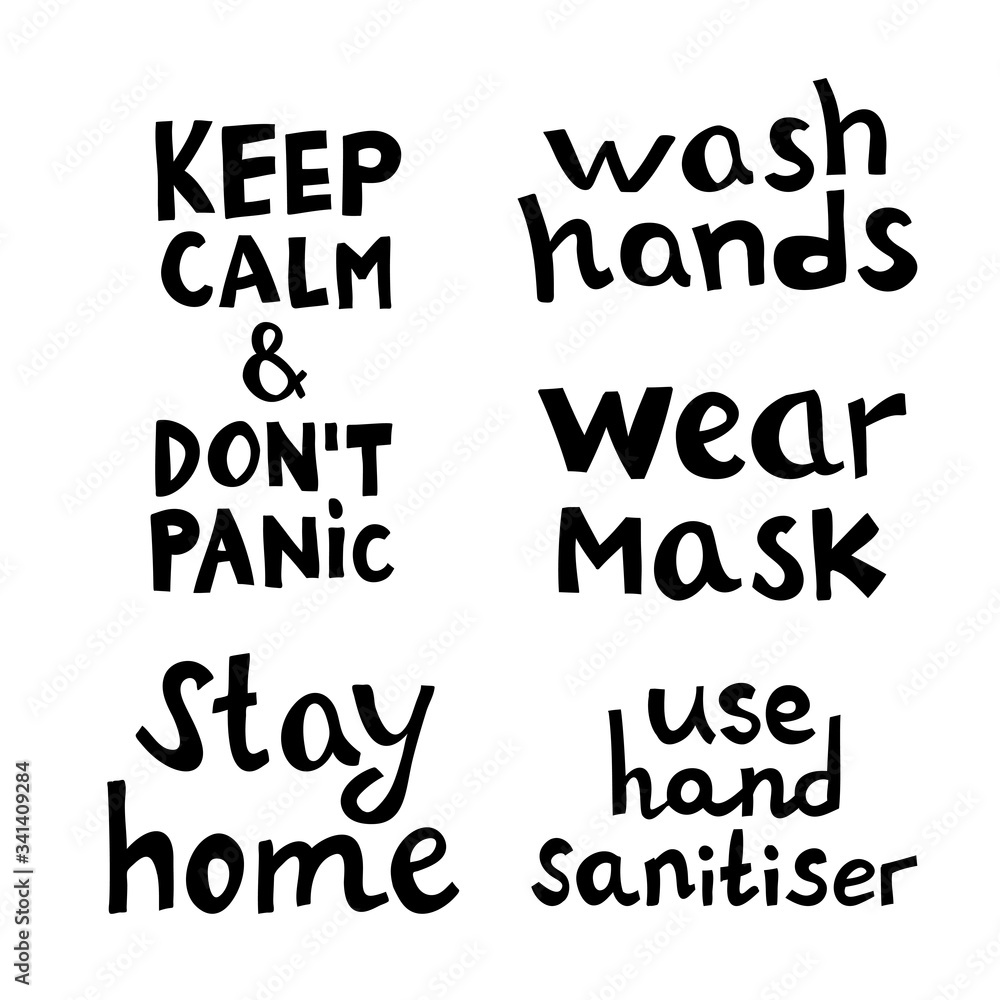 Quotes set about coronavirus. Wash hands, stay home, do not panic, wear ...