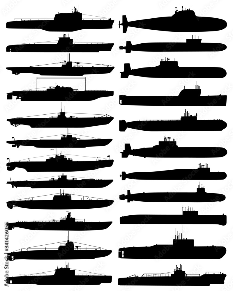 Collection silhouettes of submarines. Submarines silhouettes. Set of ...
