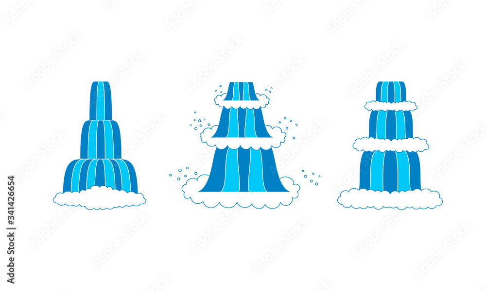 Waterfall cascade set. Colored blue icons isolated on white background ...