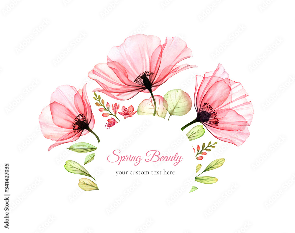 Watercolor round floral frame. Bouquet with big three poppy flowers ...