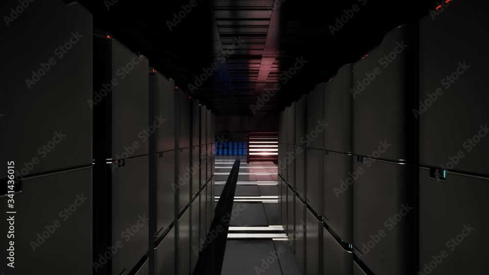 Working data center with servers in rows. Blinking red and blue led lights. Science modern ...