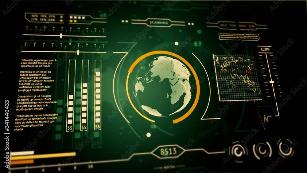 Futuristic 3D display with graphs and diagrams The Earth planet looped. Theme of a fantastic ...