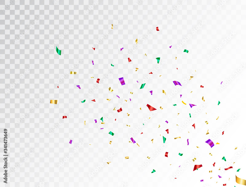 Confetti color splash. Party backdrop. Glitter confetti falling on transparent background ...