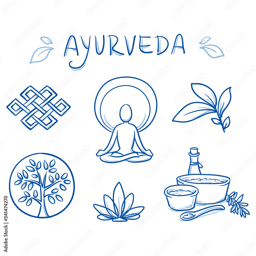 Set of ayurveda symbols of yoga, herbs and plants. Hand drawn line art ...