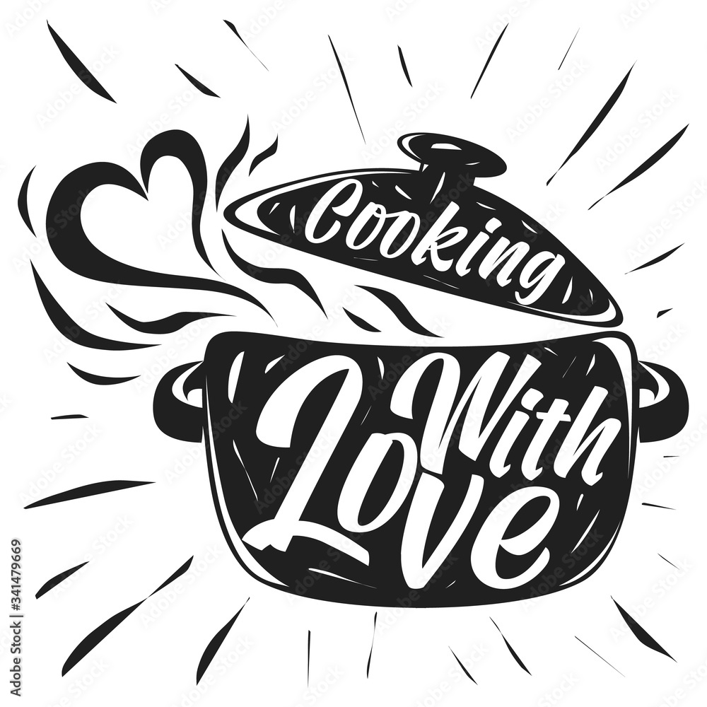 Cooking with love. Monochrome retro illustration depicting a pan ...